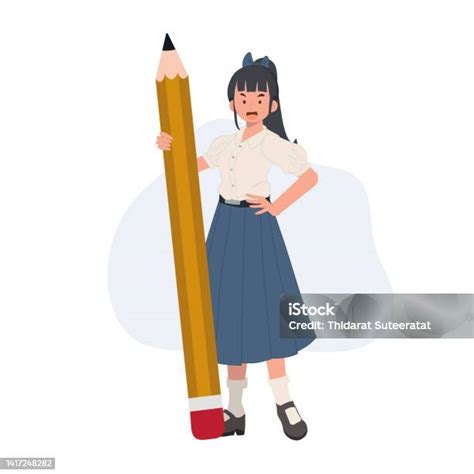 큰 연필을 들고 귀여운 태국 학생 소녀 벡터 일러스트레이션 공부에 대한 스톡 벡터 아트 및 기타 이미지 공부 교복 교육