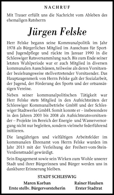 Traueranzeigen Von Jürgen Felske Sh Z Trauer