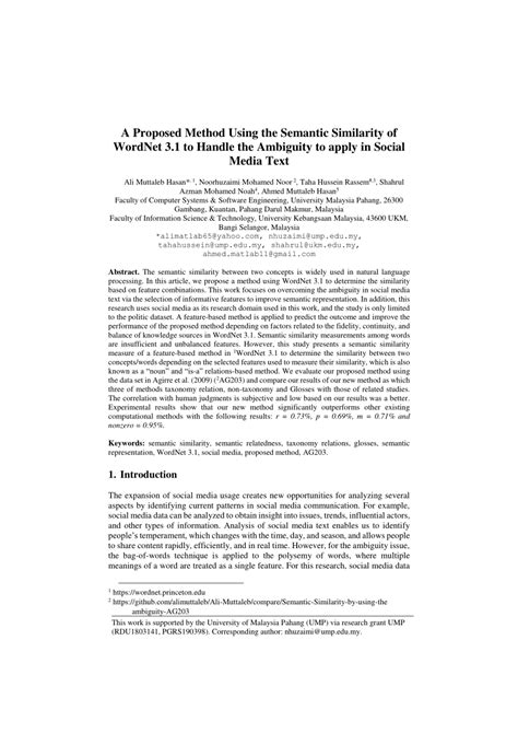 Pdf A Proposed Method Using The Semantic Similarity Of Wordnet 31 To Handle The Ambiguity To
