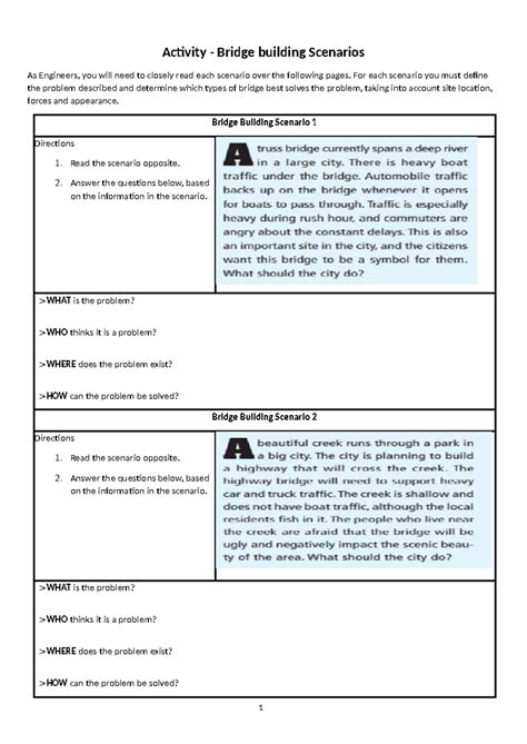 Bridge Scenarios Activity 1 Activity Bridge Building Scenarios As Engineers You Will Need