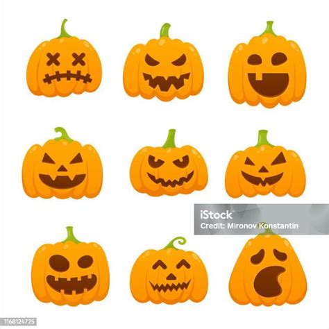 흰색 배경에 고립 된 무서운 얼굴 표정 찡그린 평면 스타일 디자인 벡터 일러스트와 함께 설정 된 9 오렌지 할로윈 호박 10월에 대한 스톡 벡터 아트 및 기타 이미지