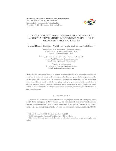Pdf Coupled Fixed Point Theorems For Weakly ϕ Contractive Mixed Monotone Mappings In Ordered B