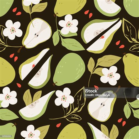 Green Pear 원활한 벡터 패턴입니다 배 꽃 나뭇잎은 검은 땅에 있습니다 여름 과일 손으로 그린 스타일 일러스트레이션 인사말 카드 패브릭 벽지 또는 포장지 0명에 대한