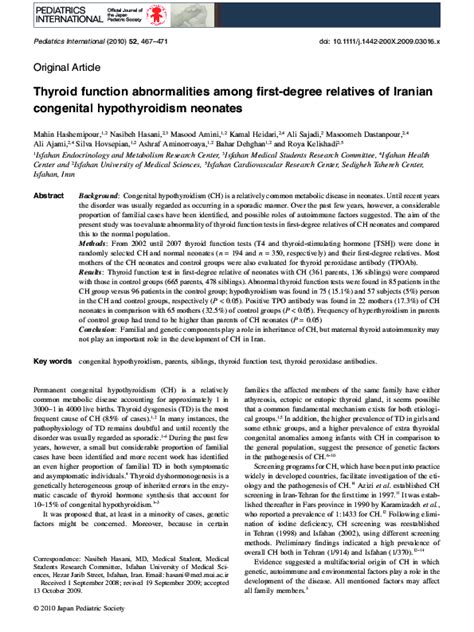 Pdf Thyroid Function Abnormalities Among First Degree Relatives Of Iranian Congenital