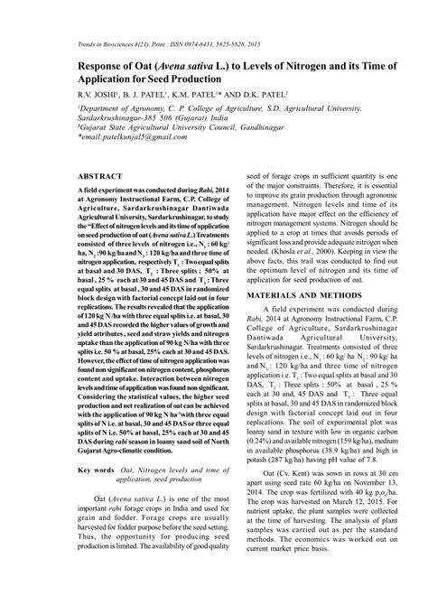 Pdf Response Of Oat Avena Sativa L To Levels Of Nitrogen And Its