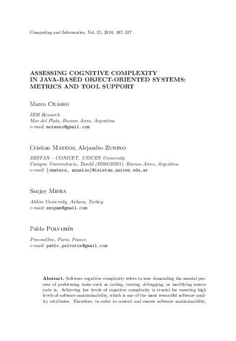 Assessing Cognitive Complexity In Java Based Object Oriented Systems Metrics And Tool Support