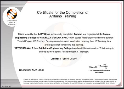 Certificate For The Completion Of Arduino Training Ajay R