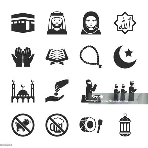 이슬람 아이콘 세트 종교의 속성 무슬림주의 아랍 문화 흑백 흑백 아이콘 아이콘에 대한 스톡 벡터 아트 및 기타 이미지 아이콘 코란 메카 성지 순례 Istock