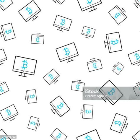 비트코인 기호가 있는 데스크톱 컴퓨터 원활한 패턴 흰색 배경에 선 아이콘 개념에 대한 스톡 벡터 아트 및 기타 이미지 개념 검은색 구매 Istock