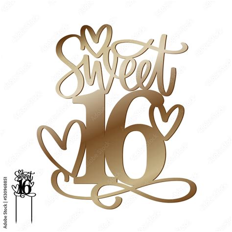 Sweet Sixteen Cake Topper With 16 Number Flourishes And Hearts Birthday Party Decoration Cut