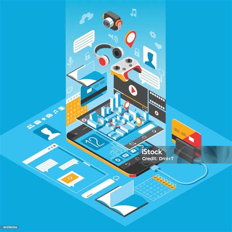 Isometric Smart Phone Interface Screen With Different Apps And Icons Map On Mobile Application