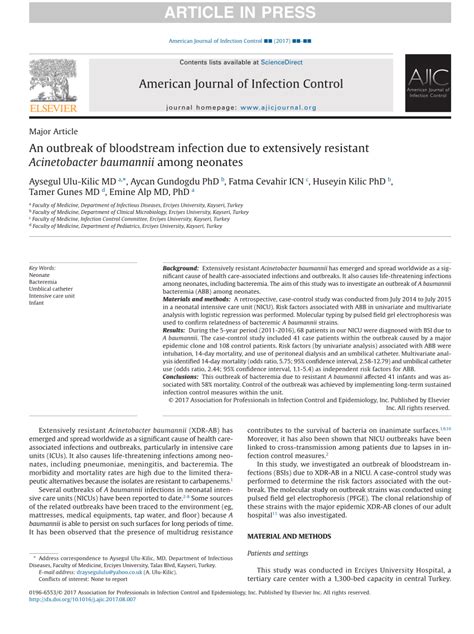Pdf An Outbreak Of Bloodstream Infection Due To Extensively Resistant