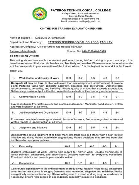 Ojt Eval Form Lolemiepdf Pdf Cognitive Psychology Behavioural Sciences