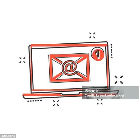 벡터 만화 스타일에서 노트북 아이콘 만화 이메일 봉투 메시지 메일 서명 그림 그림 봉투 비즈니스 스플래시 효과 개념입니다 노트북에 대한 스톡 벡터 아트 및 기타 이미지