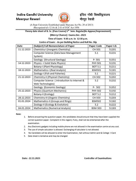 Theory Date Sheet Of Bsc Passcourse 5th Sem Regular Re Appear