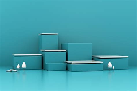 파란색 기하학적 배경을 렌더링하는 3d 현대적인 미니멀 한 디자인의 기하학적 모양 프로모션 화장품 배경 제품 쇼를 위한 미니멀한