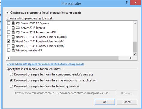 installation visual c 14 redist package prerequisite configure