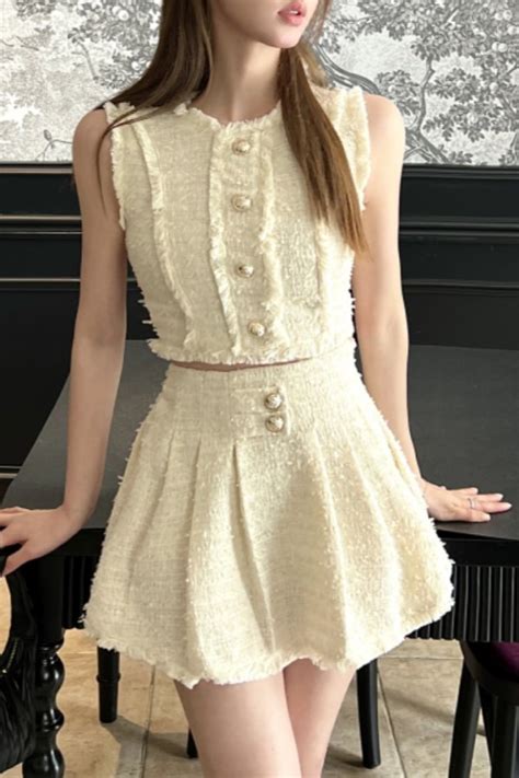 핑크프릴 Set 슈니 라운드넥 트위드 민소매 나시 크롭 탑 플리츠 미니 스커트 투피스 세트