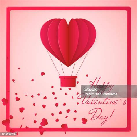 해피 발렌타인 데이 초대 카드 템플릿 심장 모양에서 종이 접기 종이 뜨거운 공기 풍선 핑크 배경입니다 벡터 일러스트 레이 션 2월에 대한 스톡 벡터 아트 및 기타 이미지