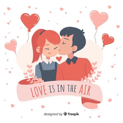 Menino Beijando Menina Valentine S Day Fundo Vetor Premium