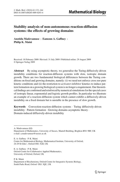 PDF Stability Analysis Of Non Autonomous Reaction Diffusion Systems The Effects Of Growing