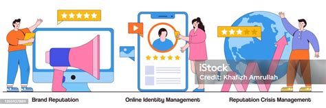 브랜드 평판 온라인 Id 관리 평판 위기 관리 개념 비즈니스 홍보 벡터 일러스트 레이션 세트입니다 제품 존재 소셜 네트워크 은유 소셜 네트워킹에 대한 스톡 벡터 아트 및