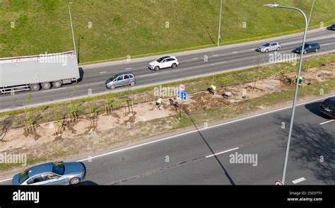 Aerial View Of A Divided Highway With Two Lanes In Each Direction