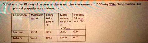 5 Estimate The Diffusivity Of Benzene In Toluene And Toluene In Benzene At 110 °c Using Wilke