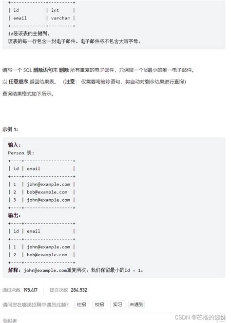 196 删除重复的电子邮箱 Csdn博客