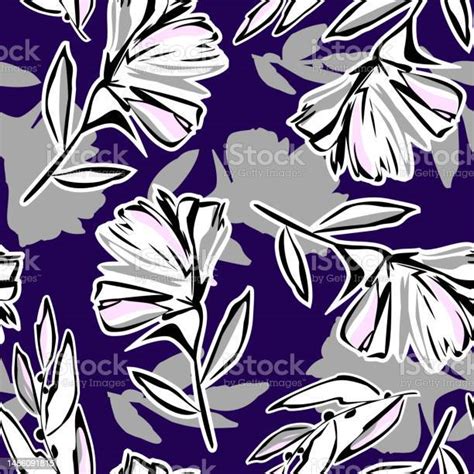 추상적인 기하학적 수제 꽃과 나뭇잎 꽃 디자인을 위한 식물 개체입니다 검은색 윤곽선과 회색 분홍색 파란색 선이 있는 스케치 그림 현대적인 스타일 벡터 그림 0명에 대한 스톡