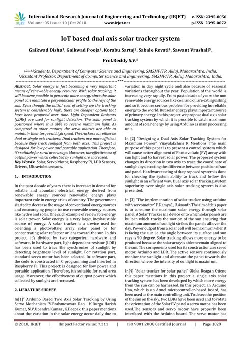 Irjet Iot Based Dual Axis Solar Tracker System Pdf