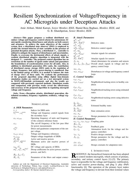 Pdf Resilient Synchronization Of Voltage Frequency In Ac Microgrids Under Deception Attacks