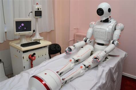 Futuristic Humanoid Robot With Glowing Cables In A High Tech Lab Using Holographic Interface