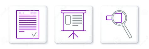 Set Line Magnifying Glass Exam Sheet With Check Mark And Presentation Financial Board Graph