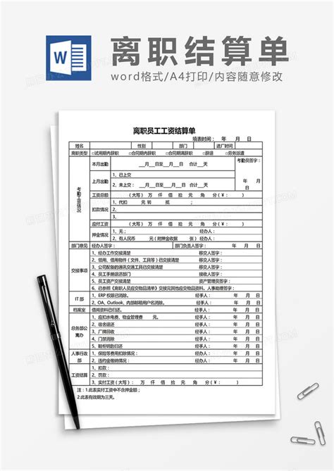 离职员工工资结算单Word模板下载 熊猫办公