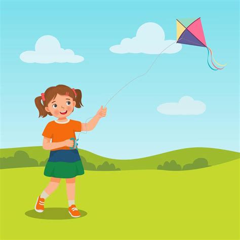 cute little girl enjoying playing kite in the park on summertime ...