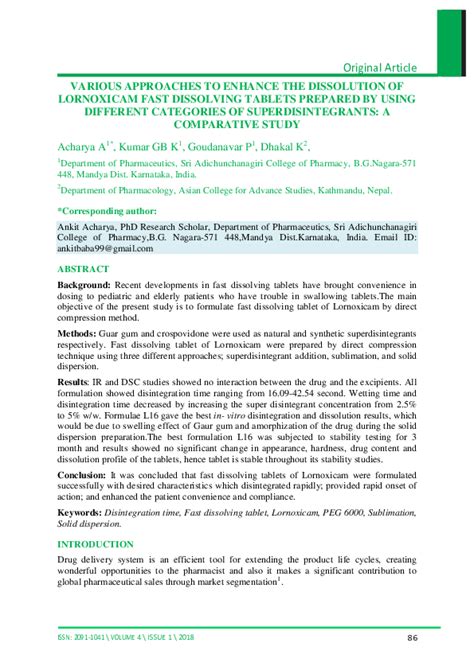 Pdf Various Approaches To Enhance The Dissolution Of Lornoxicam Fast Dissolving Tablets