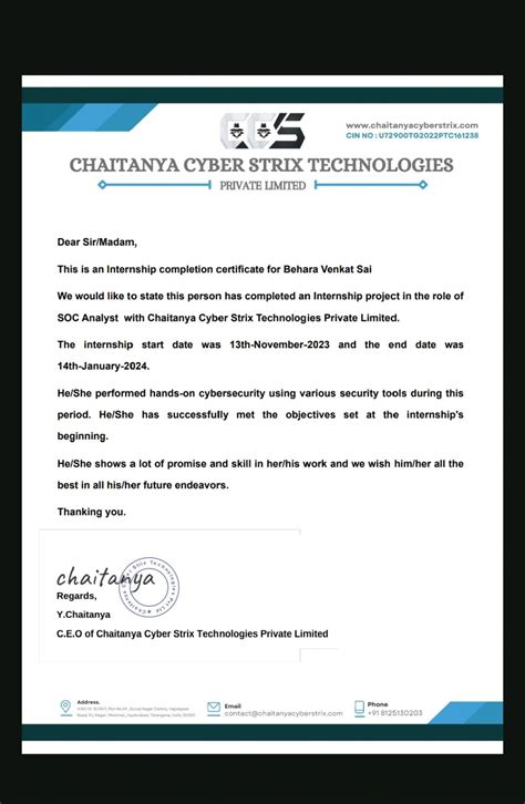Behara Venkat Sai On Linkedin Successfully Completed Cyber Security Internship In Chaitanya