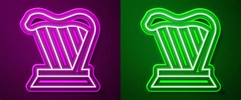 보라색과 녹색 배경에 고립 된 빛나는 네온 라인 하프 아이콘 클래식 악기 오헤스트라 현악 음향 요소 벡터 Classical