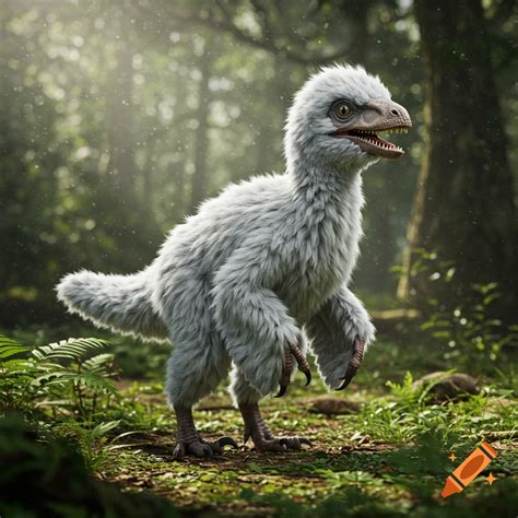 A Photorealistic Fluffy Gray And White Feathered Dinosaur With Sharp