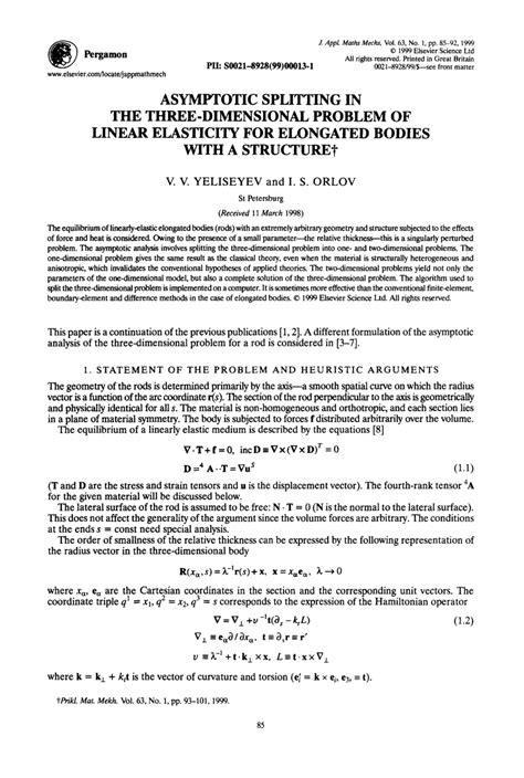 Pdf Asymptotic Splitting In The Three Dimensional Problem Of Linear Elasticity For Elongated