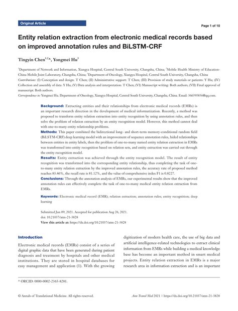 Pdf Entity Relation Extraction From Electronic Medical Records Based On Improved Annotation