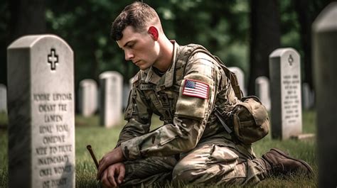 Premium Photo A Soldier Kneeling In The Grass With The American Flag