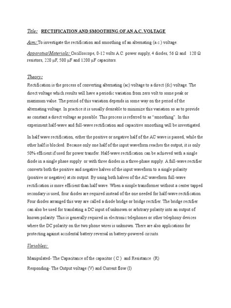 Physics Lab Rectification And Smoothing Of An A C Voltage Pdf Rectifier Capacitor