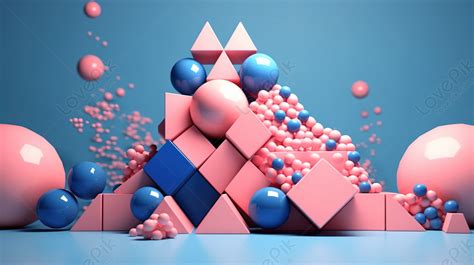 균형 잡힌 기하학적 조화 달성 섬세한 분홍색과 차분한 파란색 색조의 구 삼각형 사각형 황소 및 원뿔이 있는 3d 렌더링 추상 장면 홍색 배경 색조 배경 균형