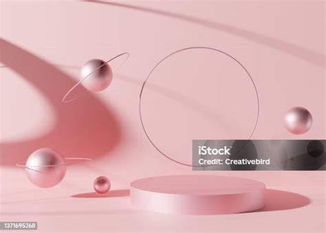 분홍색 배경에 구체 반지 그림자가 있는 핑크 라운드 연단 제품 화장품 프리젠 테이션을위한 우아한 연단 모의 미용 제품을 위한 받침대 또는 플랫폼 빈 장면입니다 3d 렌더링