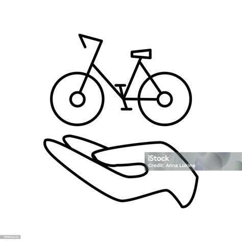 자전거 대여 및 공유 손바닥이 있는 라인 아이콘 자전거 개인 용 공공 자전거 임대 및 공유 전송 편집 가능한 윤곽선 스트로크 선형 아이콘입니다 얇은 벡터 검정 윤곽 개념에