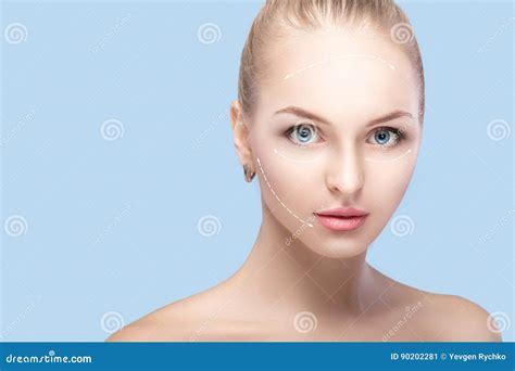 Spa Portrait Of Attractive Woman With Arrows On Face Face Lifting