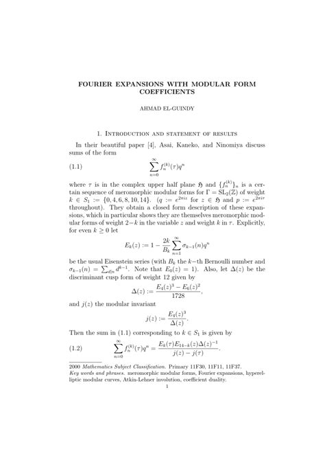 Pdf Fourier Expansions With Modular Form Coefficients