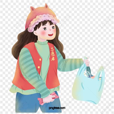 쓰레기 일러스트 봉투를 들고 만화 위생 자원 봉사자 환경 보호 문자 Png 일러스트 무료 다운로드 Lovepik